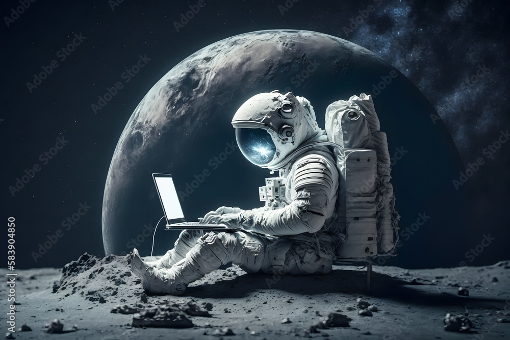 Astronaut in outer space working on a laptop. Neural network AI ...