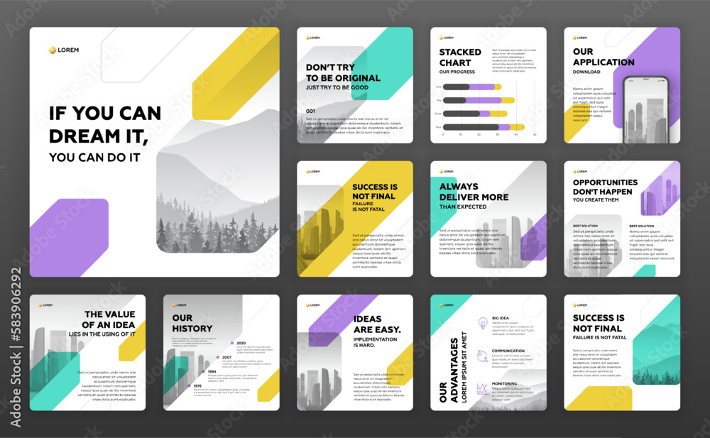 Social media post templates set with cityscape vector illustration on ...