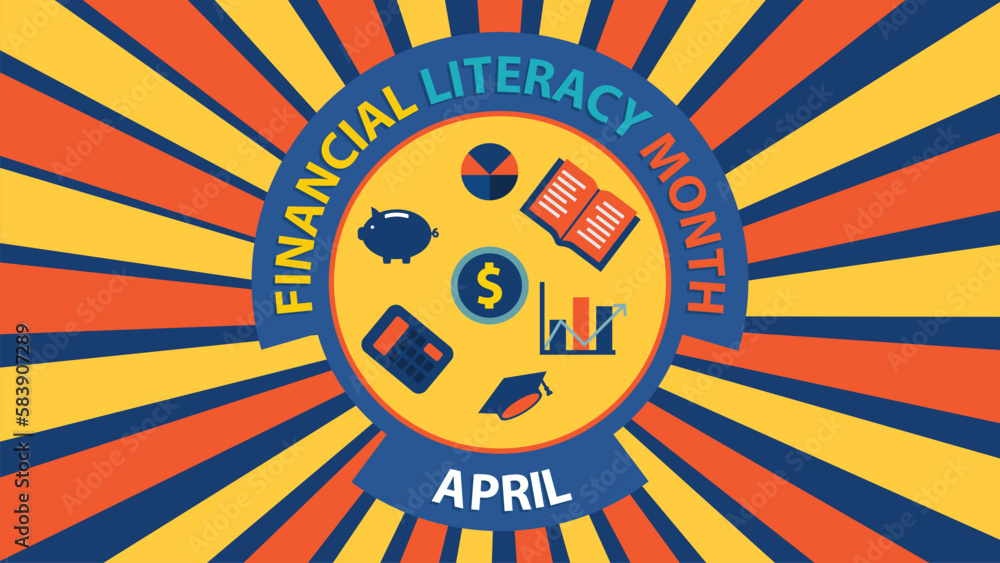Financial Literacy Month April vector banner design with colorful sun ...