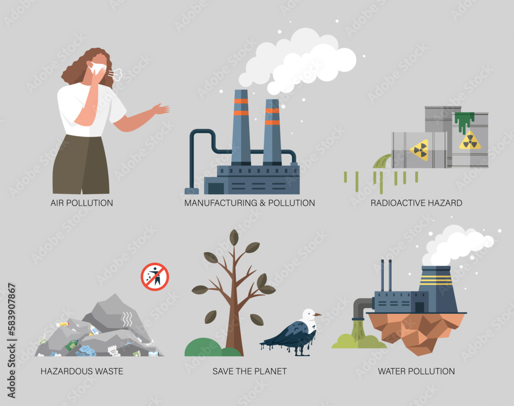 Environment pollution and ecology disaster. Factory air and water ...