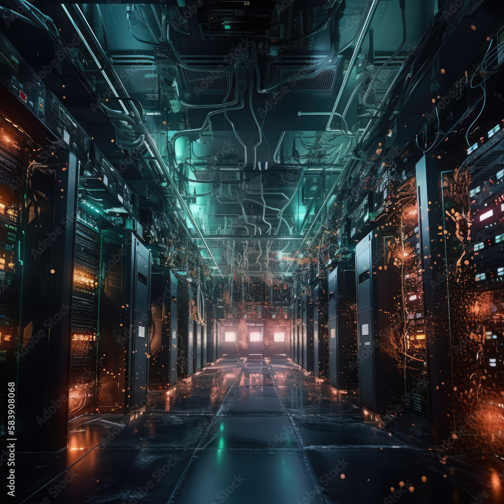Artificial intelligence server room with glowing nodes and connections ...