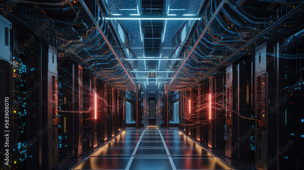 Artificial intelligence server room with glowing nodes and connections ...