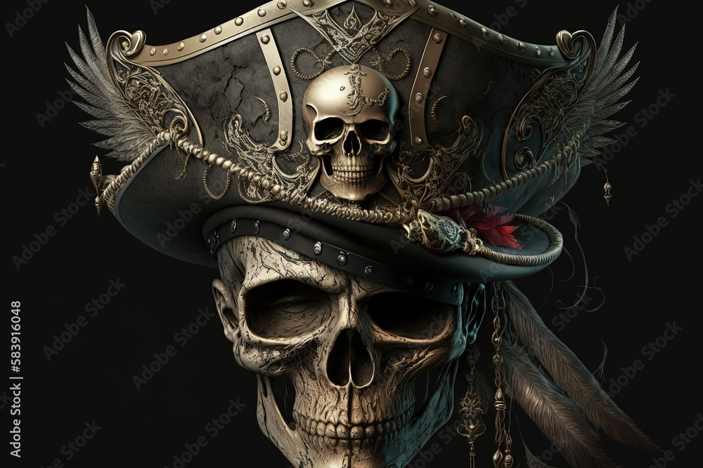This pirate skull wearing a worn-out brown leather hat is the epitome ...