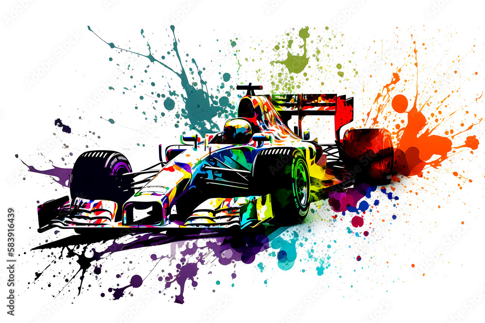 formula one race red car on watercolor rainbow splash, isolated on ...