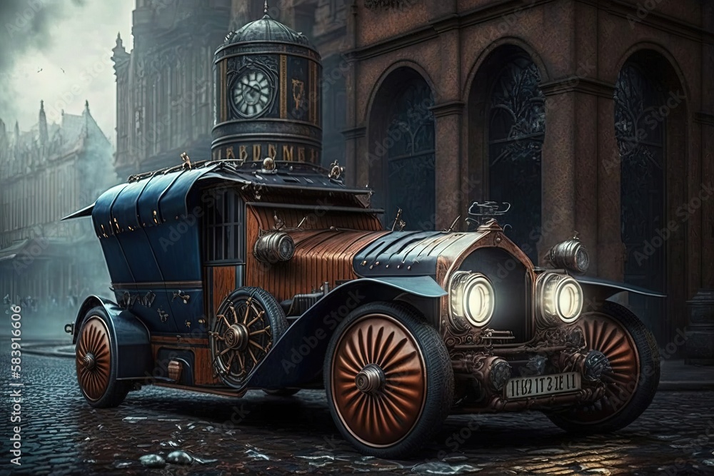 A vintage car with a steampunk twist, featuring copper and brass ...