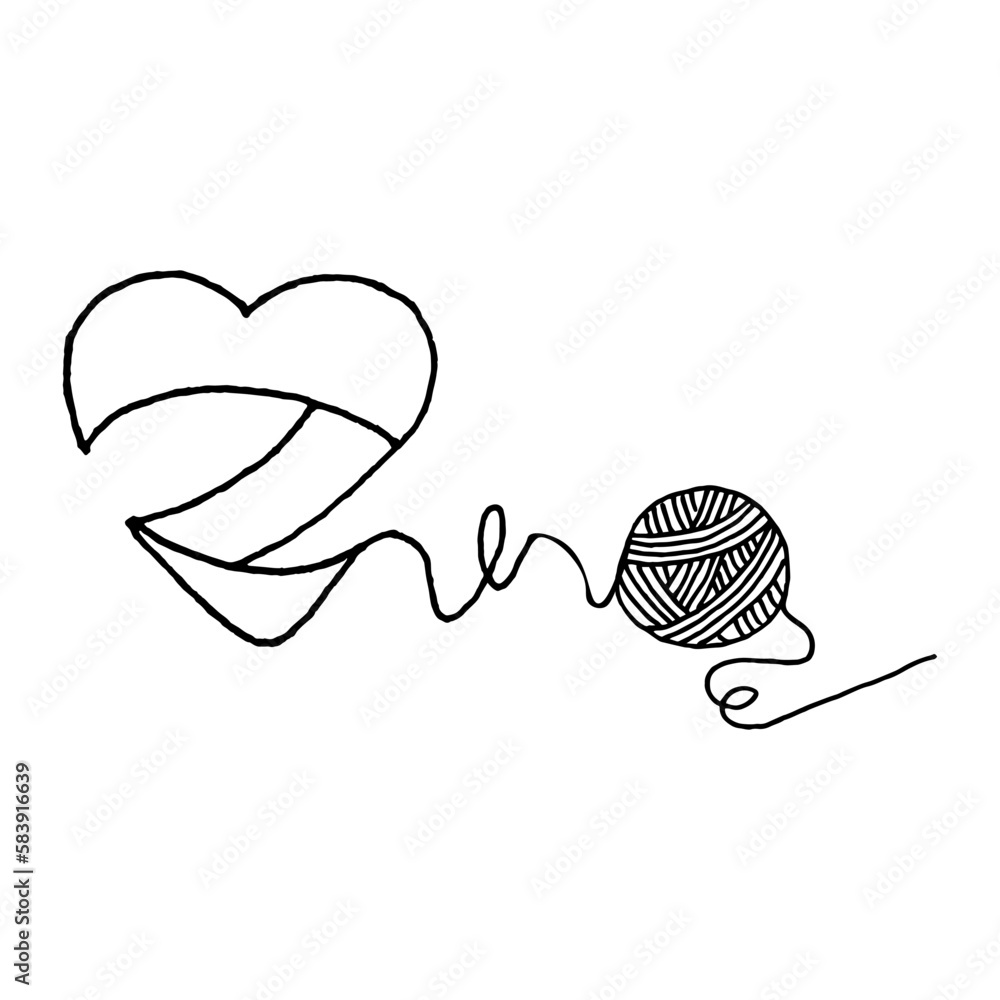 One line draw ball of thread and heart isolated on white background ...