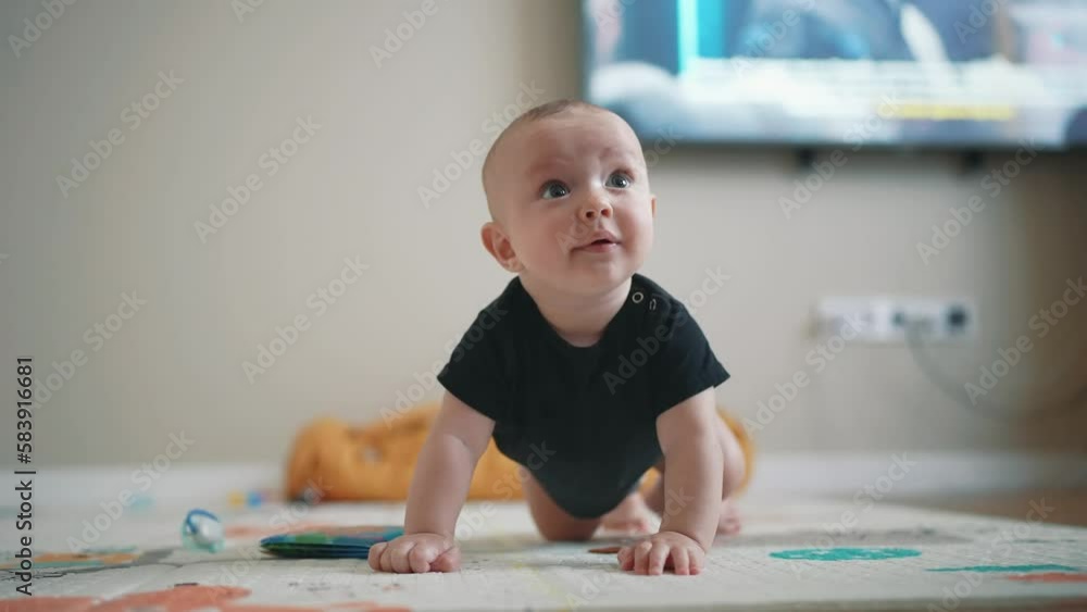 Baby play indoors floor on white background. child a kindergarten ...