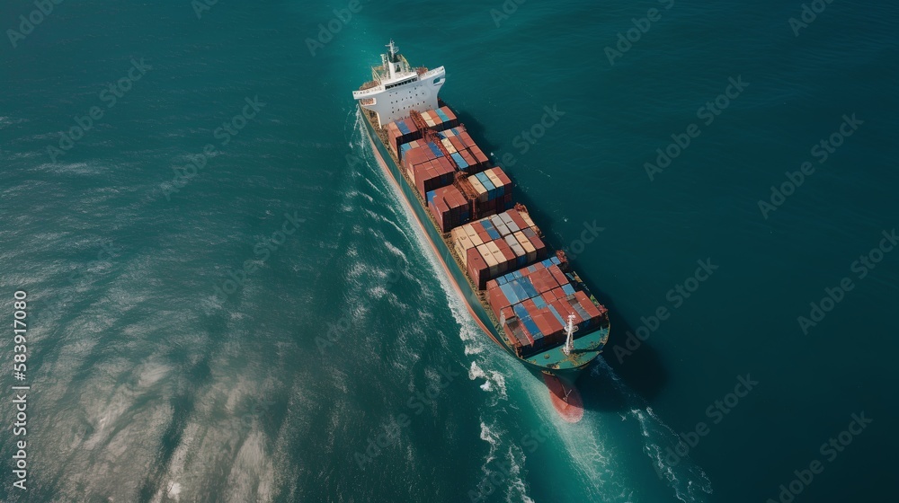 Aerial top view of a container cargo ship at sea. Maritime ...