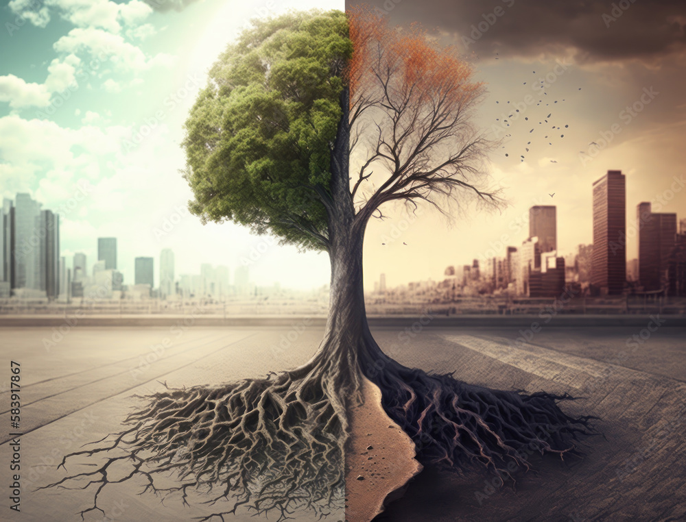 Half alive and half dead tree standing at the crossroad against the ...