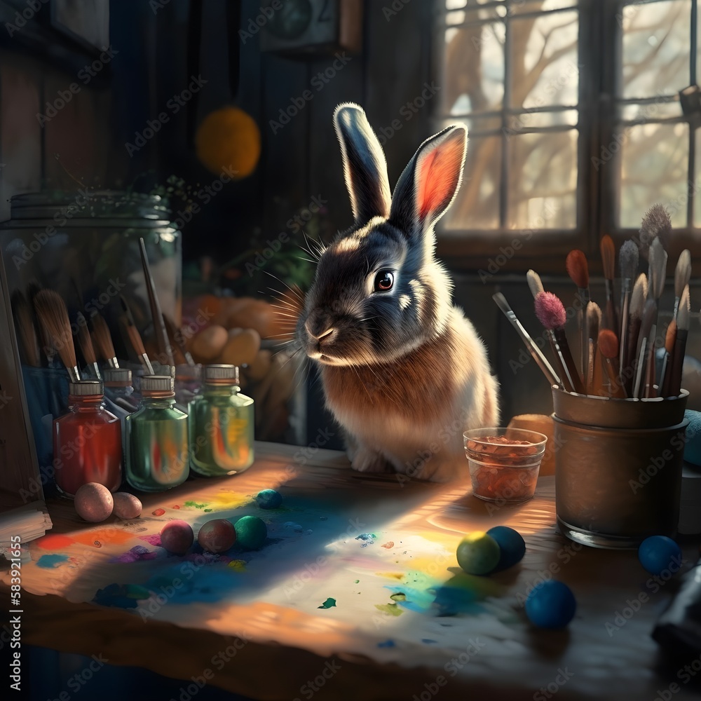 Ein kleiner Osterhase sitzt in seiner Malerwerkstatt und bemalt Eier in ...