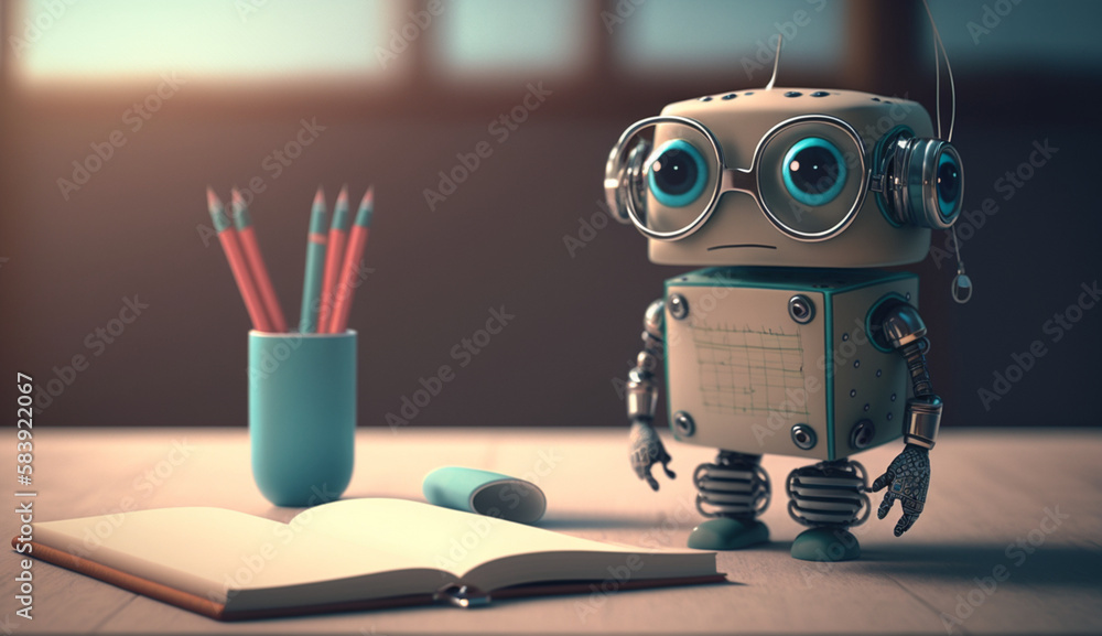 Little cute robot reading notebook at a desk, cartoon style, mini robot ...