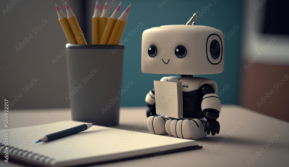 Little cute robot reading notebook at a desk, cartoon style, mini robot ...