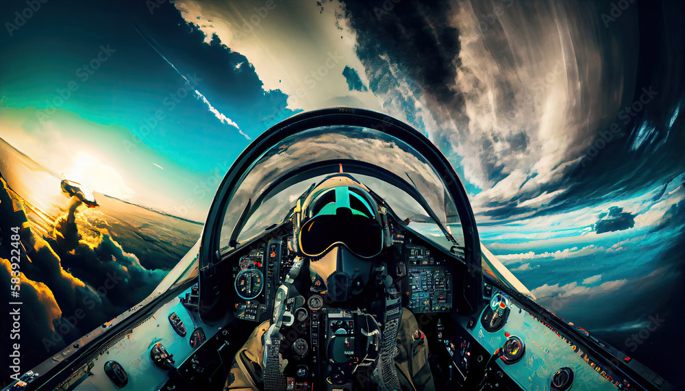 Fighter pilots cockpit view under cloudy blue sky with Generative AI ...