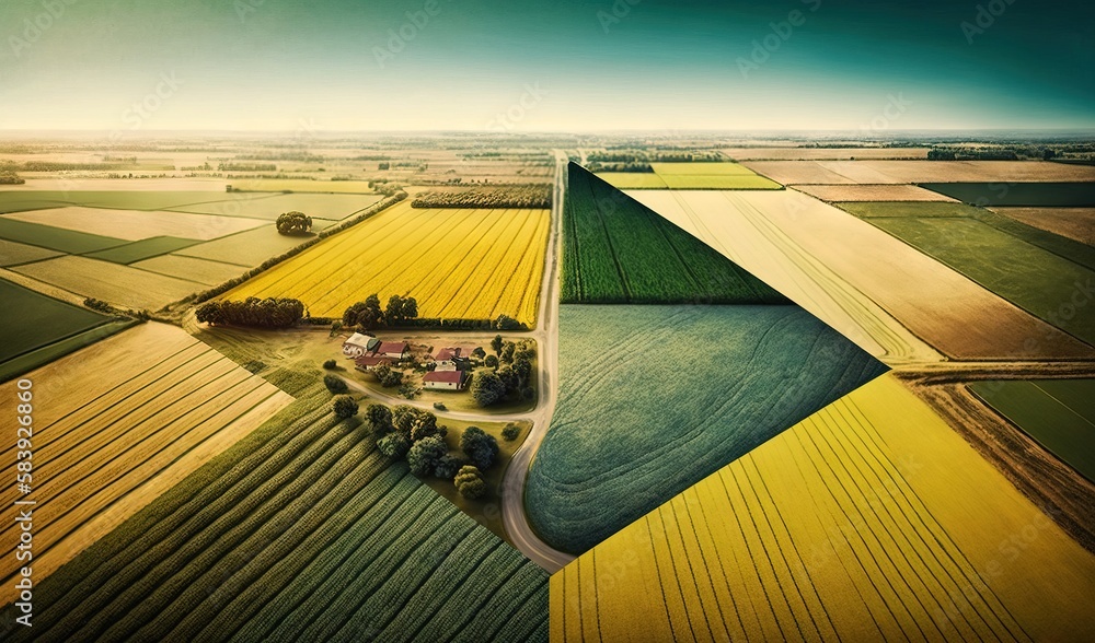 an aerial view of a farm land with a barn and trees in the middle of ...