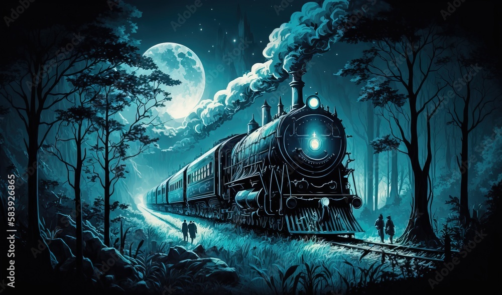 a painting of a train traveling through a forest under a moon filled ...