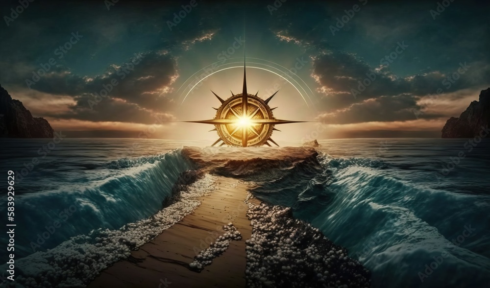 a picture of the sun rising over the ocean with a ship in the middle of ...