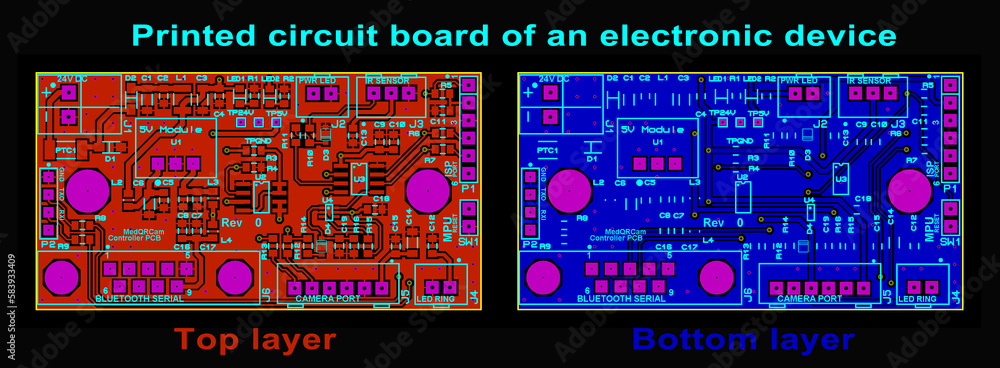 A printed circuit board of an electronic device with components of ...