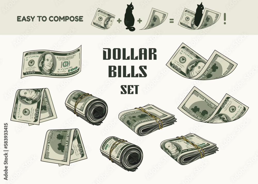 Set of 100 dollar bills with obverse and reverse side. Money rolls ...