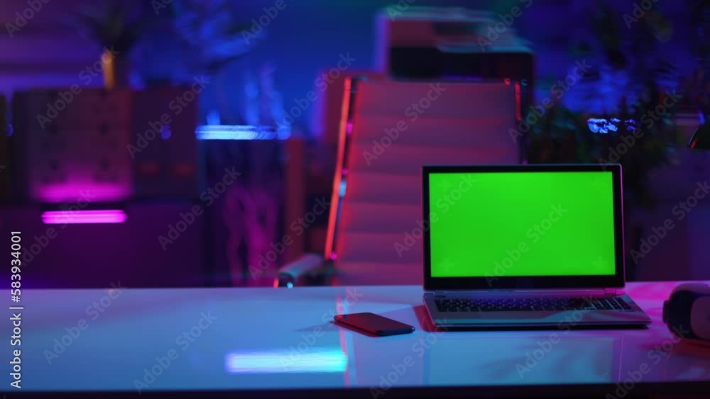 Neon metaverse futuristic concept. modern office with desk, laptop ...