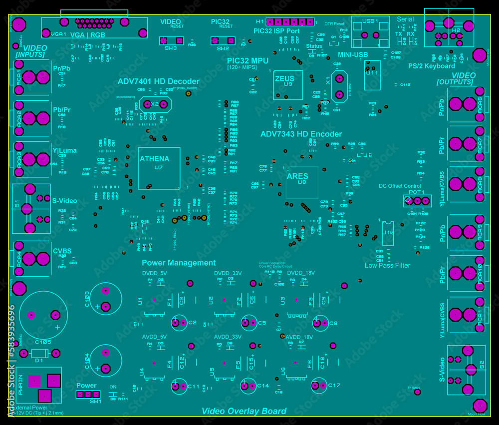 A printed circuit board of an electronic device with components of ...