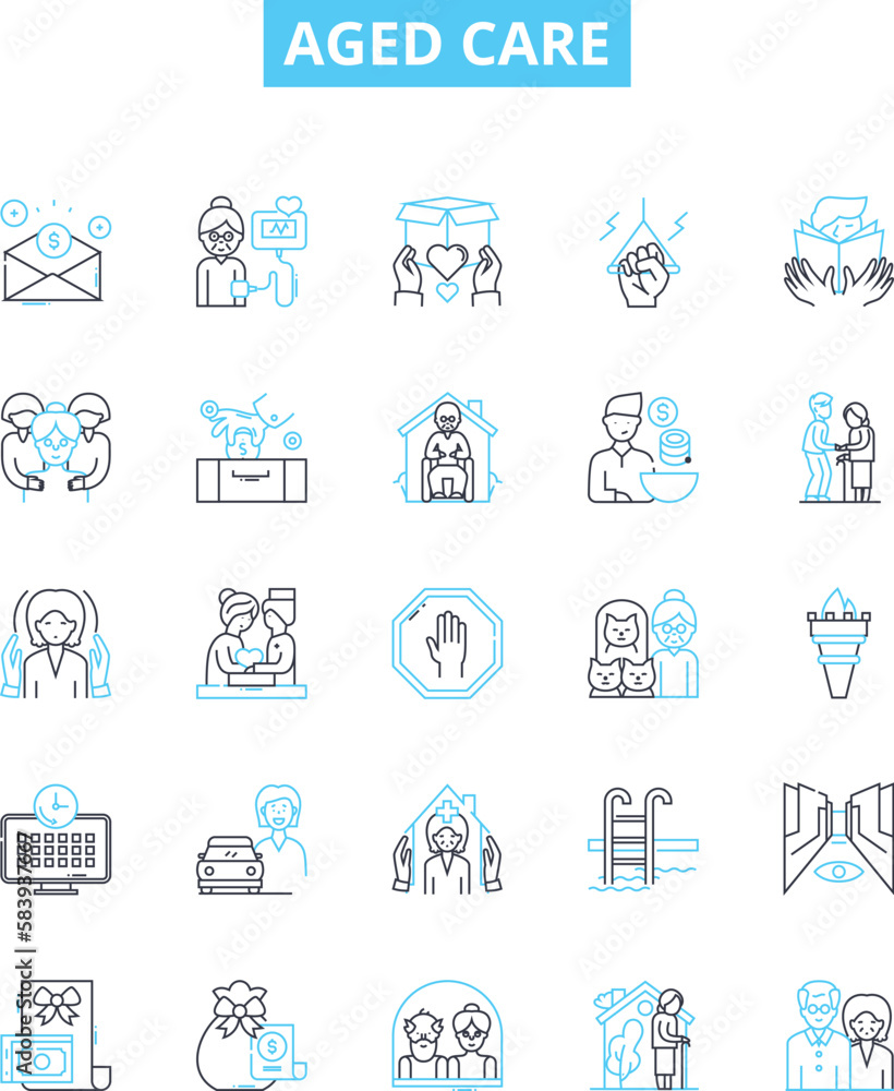 Aged care vector line icons set. Aging, Care, Elderly, Assisted ...