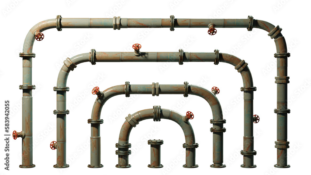 metal pipes with valves, collection of connectors and rivets isolated ...