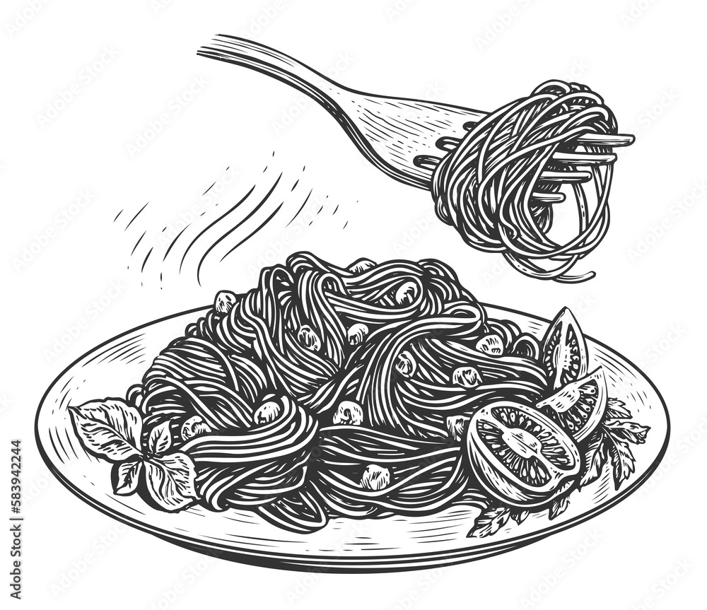 Noodle pasta, spaghetti with tomato and fresh basil in a bowl. Hand ...