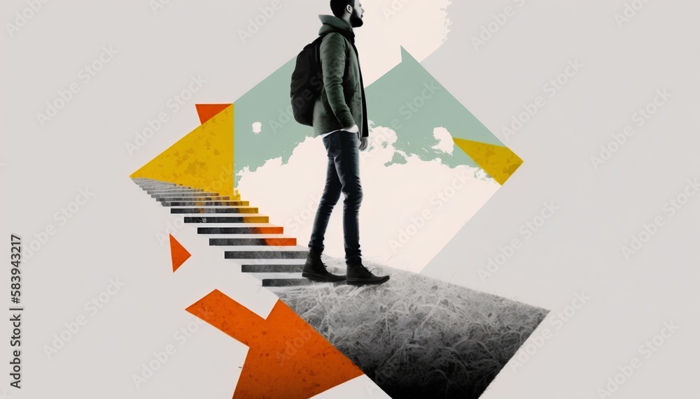 Person standing at crossroads in a stylized, collage style illustration ...