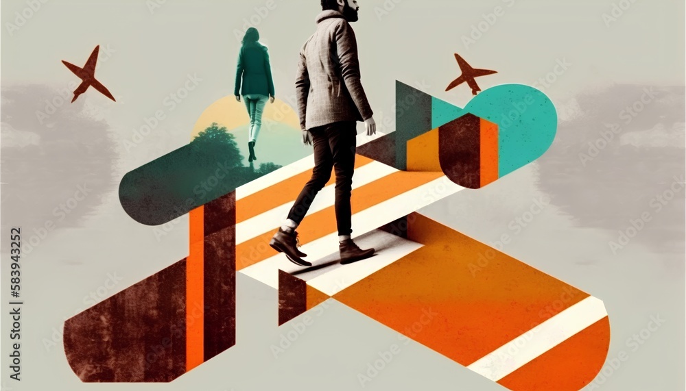 Person standing at crossroads in a stylized, collage style illustration ...