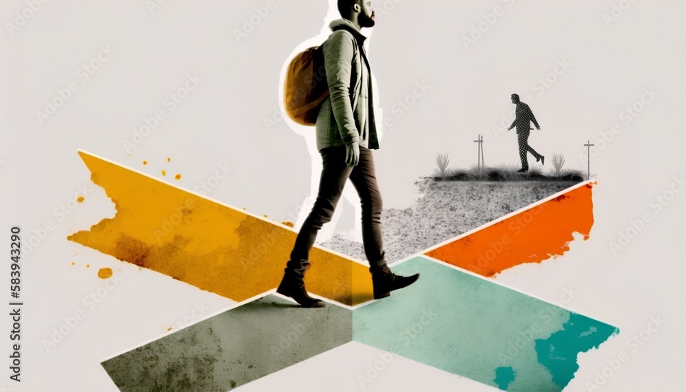 Person standing at crossroads in a stylized, collage style illustration ...