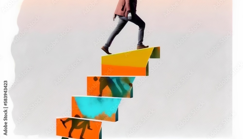 Stylized collage concept of a person feet stepping upward on a ladder ...