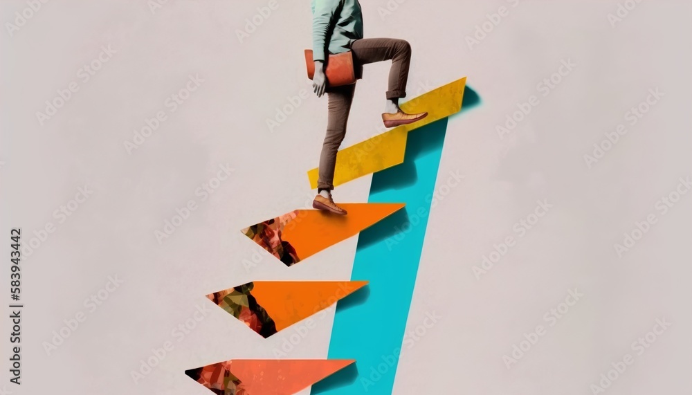 Stylized collage concept of a person feet stepping upward on a ladder ...