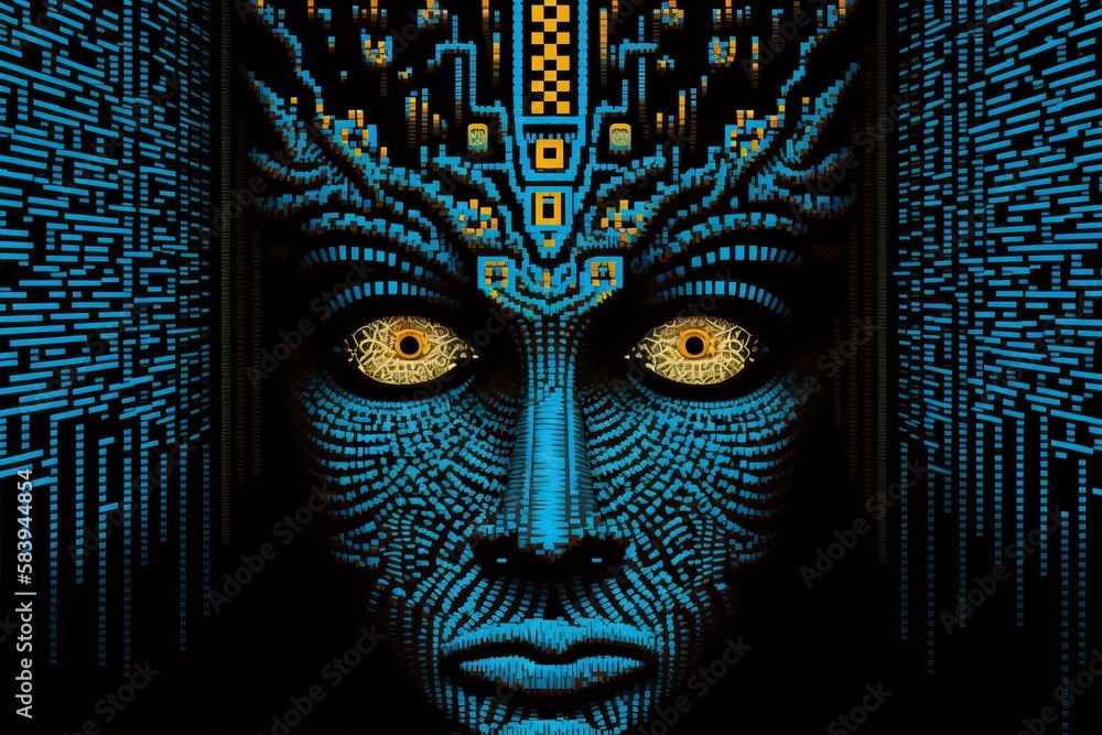 Trippy vibrant esoteric ASCII art of a strange futuristic taboo Tiki mask Eyes Wide Shut cult ...