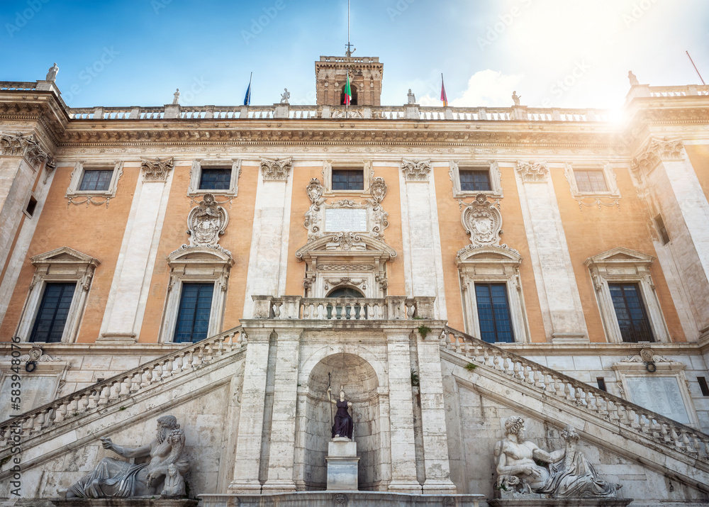 The beautiful facade of the Palazzo Senatorio in the Piazza del ...