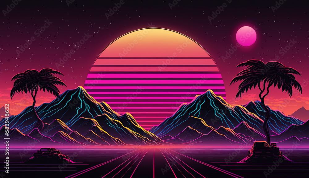 Generative AI, Retro style, nostalgic 80s, 90s. Night landscape, sunset ...