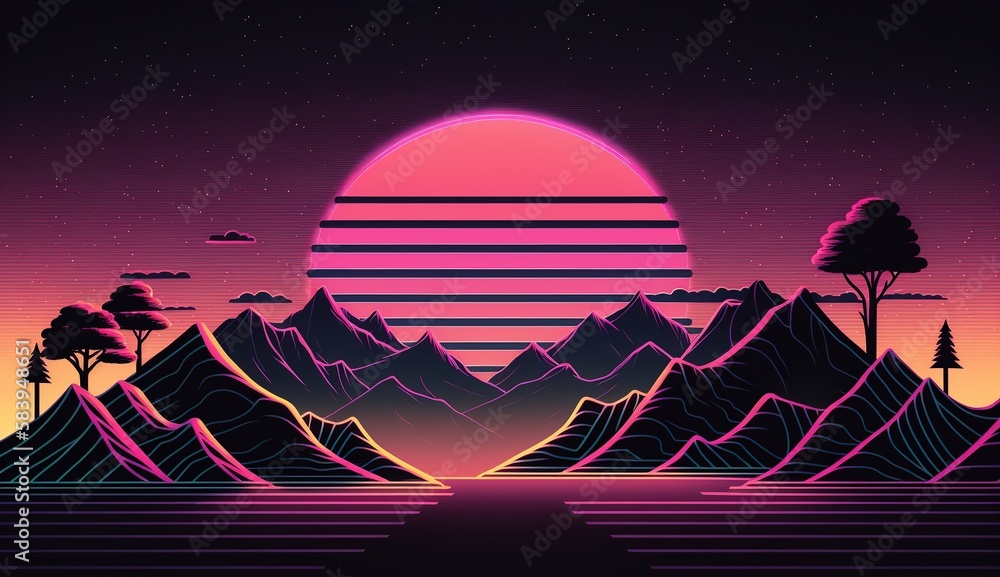 Generative AI, Retro style, nostalgic 80s, 90s. Night landscape, sunset ...