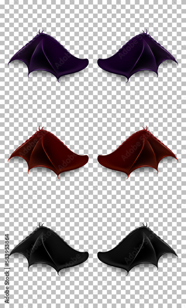 Set of dark red, black and purple devil, dragon or bat wings isolated ...