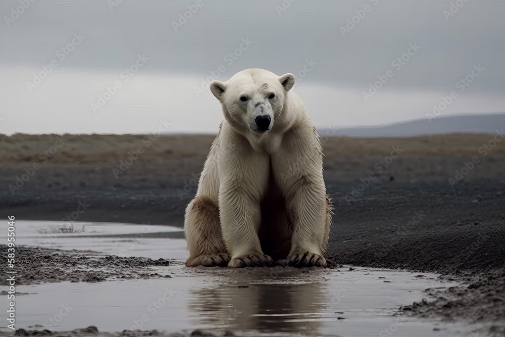 A sad polar bear on small iceberg. Climate Change and Environment Issue ...