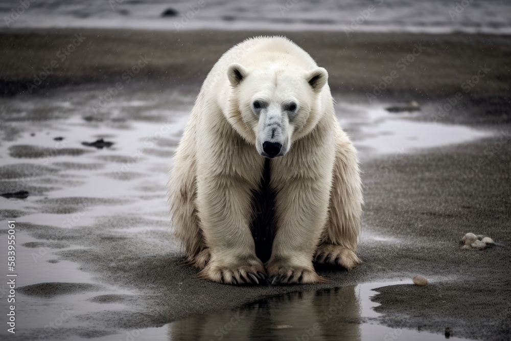 A sad polar bear on small iceberg. Climate Change and Environment Issue ...