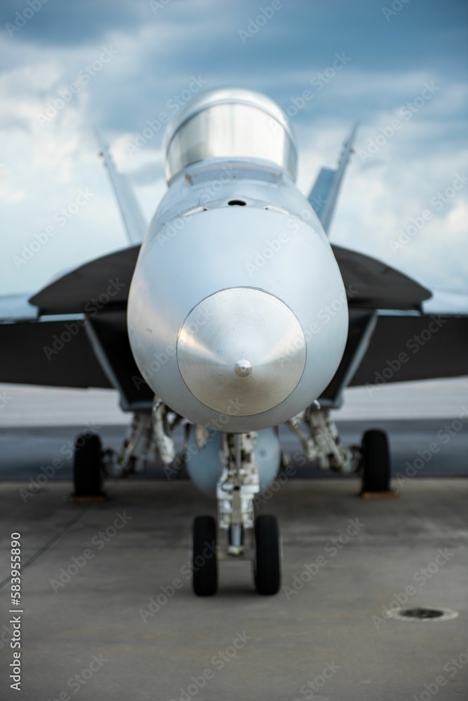 Foto de Frontal view of fighter jet on the ground do Stock | Adobe Stock