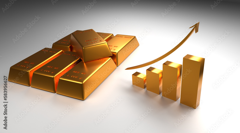 Stacked gold bars with an upswing arrow on a grey background, financial ...