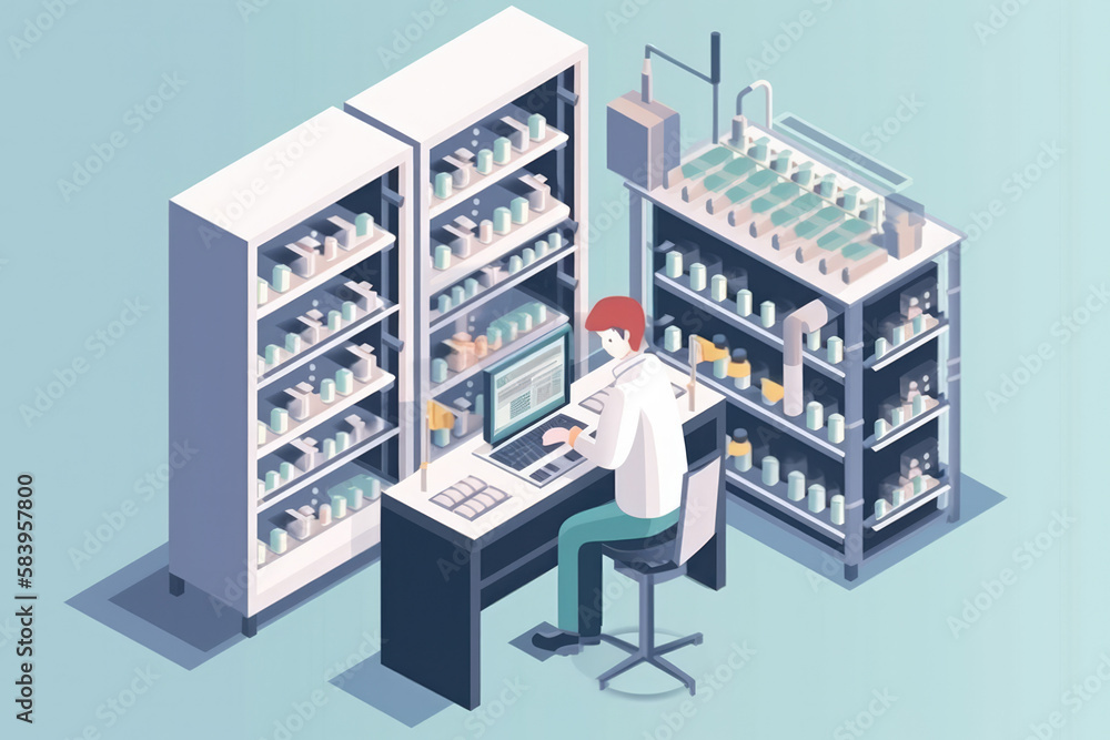 Isometric Insights: A 32-bit Illustrated View of a Lab Worker Engaged ...
