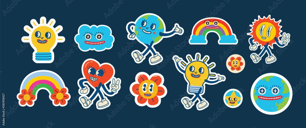 Save the planet stickers in trendy retro cartoon style. Set of Earth ...
