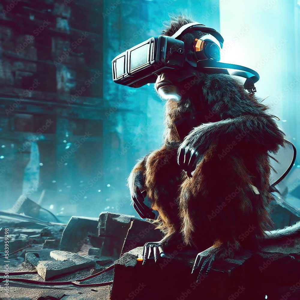 cyberpunk monkey wearing vr glasses enjoy virtual video in the ruins ...