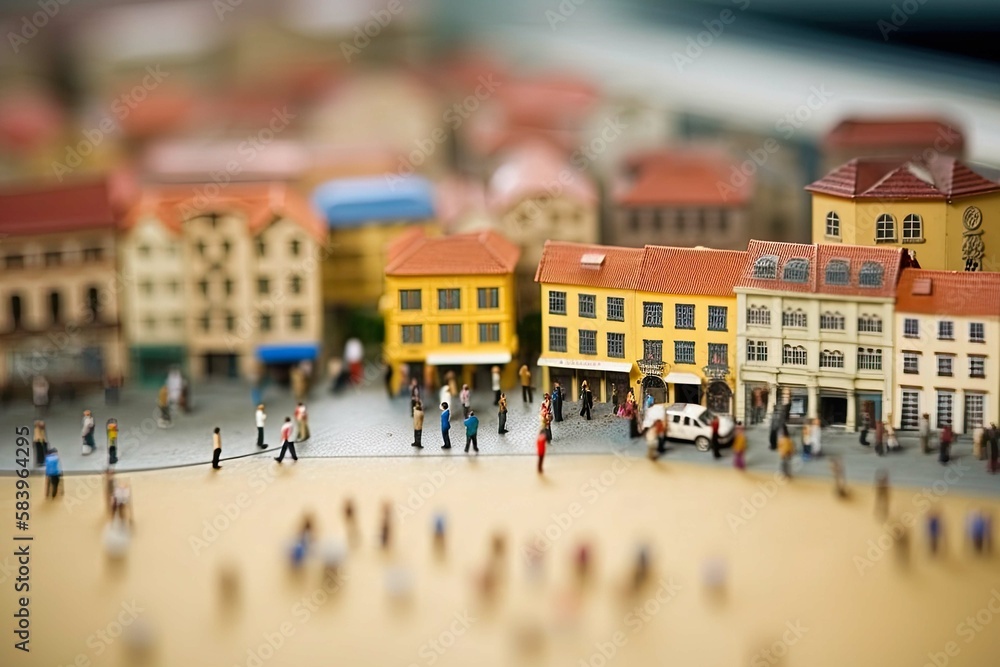 City life with living building facades and people walking at street ...