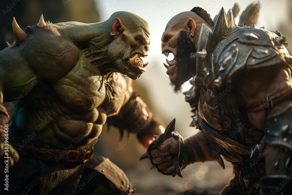 Two Orcs are fighting each other. Cinematic and realistic look. Generative AI. Stock ...