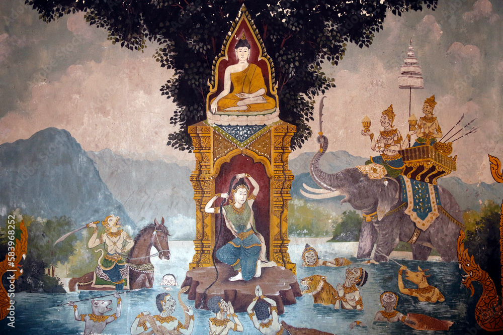 Fresco depicting a scene of the Buddha's life in Wat Phra Doi Suthep ...