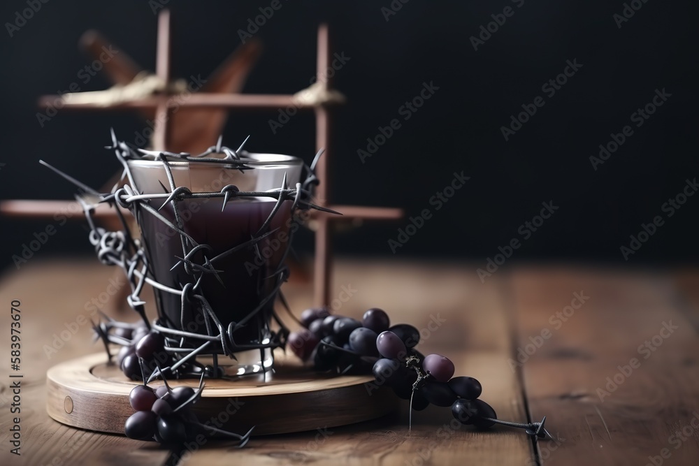 A cup of grape juice with wooden cross and metal Barbed Wire made like ...