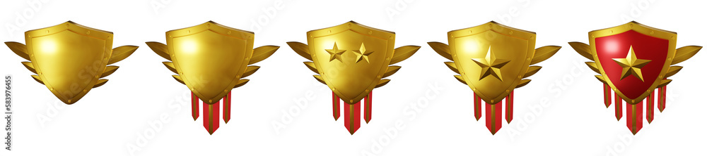 3D golden shield set, game badge, realistic level up metal render ...