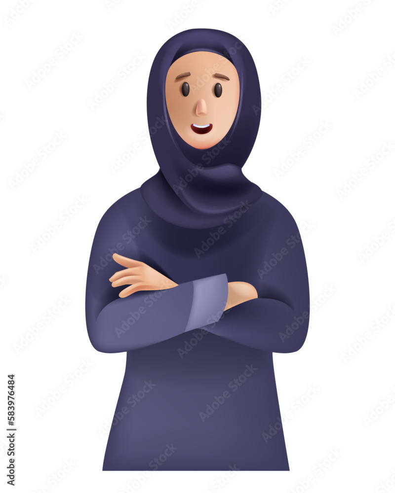 3D Arab woman character, vector muslim female portrait, young girl in ...